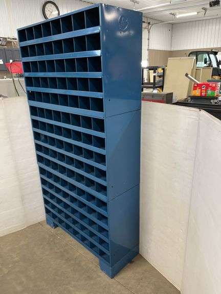 96-Place bolt bin, 35"W x 12"D x 67"H, like new - Albrecht Auction Service