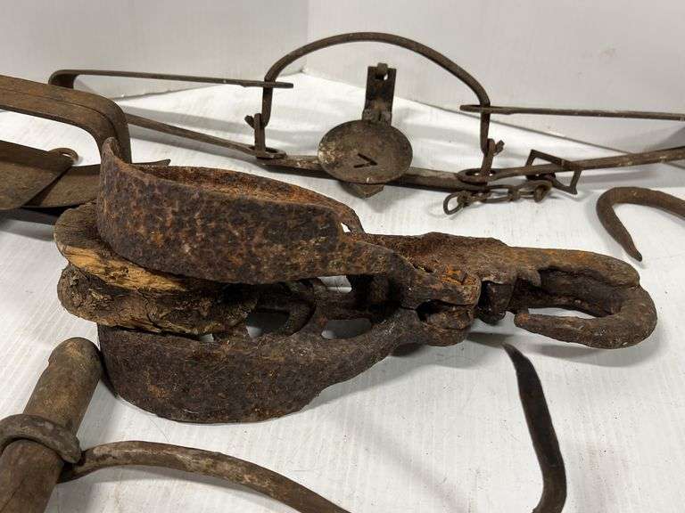 (2) Larger animal traps: 1- Victor brand; (2) Hay hooks; Old barn ...