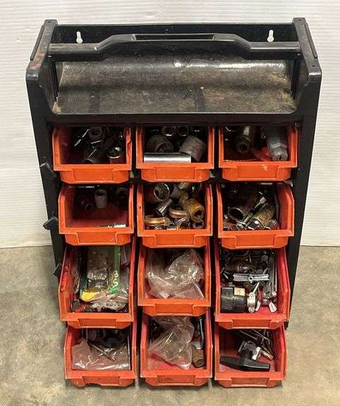 12-Drawer organizer with carry handle filled with odds and ends, 14"W x ...