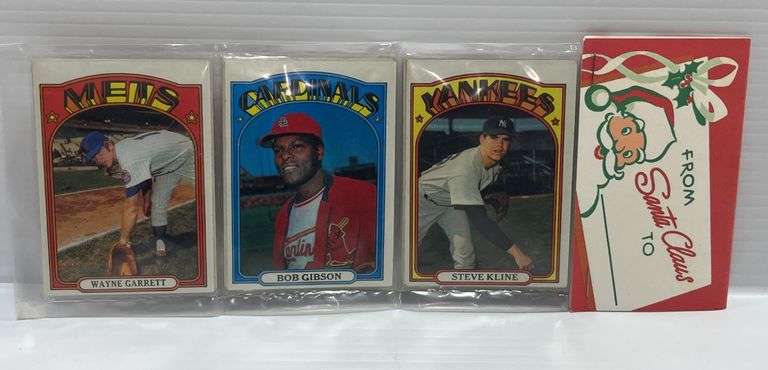 From Santa baseball cards, include: Bob Gibson on front, unknown others ...