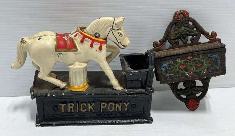 Cast iron pony bank; Cast iron match box, up to 7"L - Albrecht Auction ...