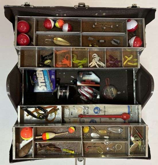 Old metal Kennedy tackle box with tackle, 17" x 10", good, dented ...