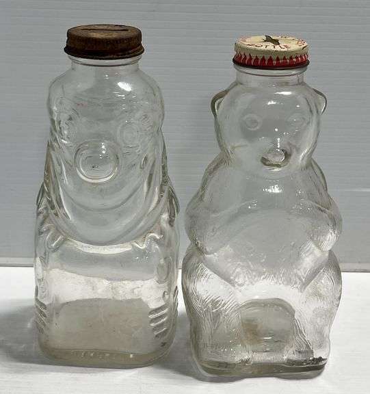 (2) Older glass drink bottle, figural banks, both- 7"H - Albrecht ...