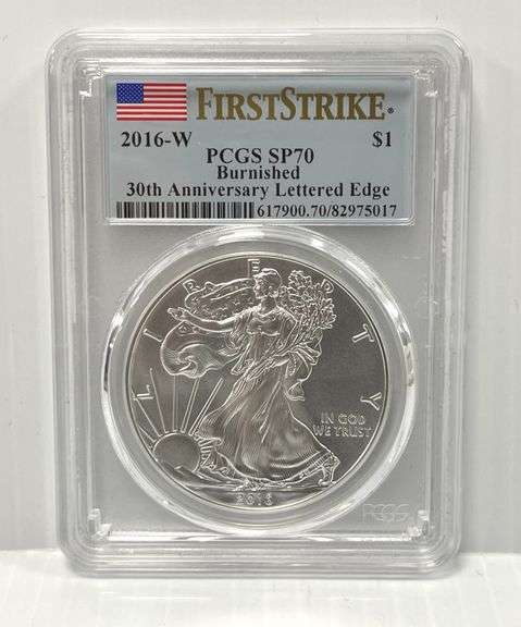 2016-W Burnished 30th Anniversary, lettered edge, Silver Eagle, $1 Coin, graded SP70 by PCGS ...