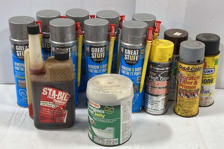 (8) 16 oz. cans of expanding foam insulation; Bottle of Sta-Bil; Open ...