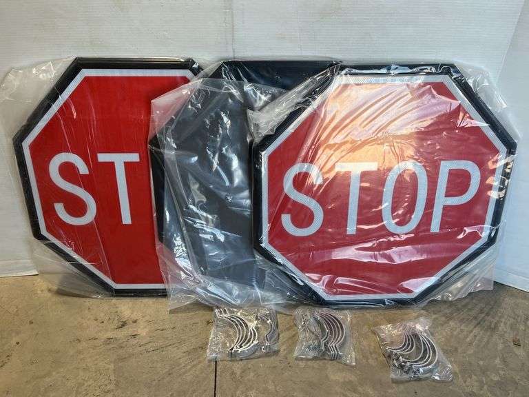 (3) Reflective "Stop" signs, metal back and frame with post brackets ...