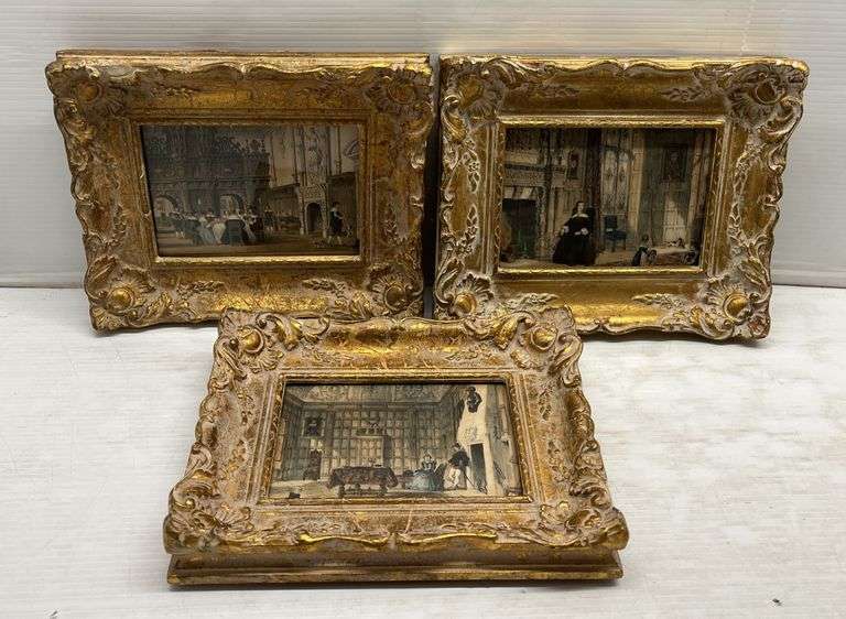 Set of (3) Antique wood picture frames, antique and original lithograph ...
