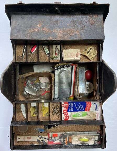 Old pressed steel tackle box with some old tackle, 18"L x 10"D x 13"H ...