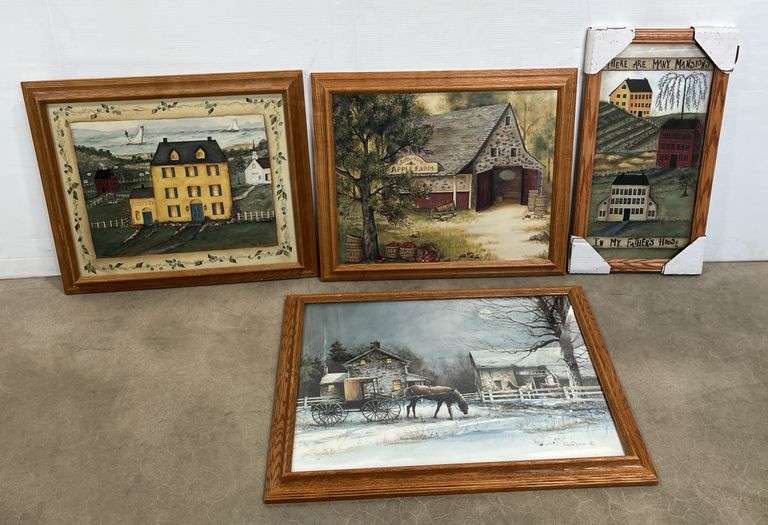 (4) Amish themed oak framed prints, include: 22" x 12", 23" x 19", 23 ...