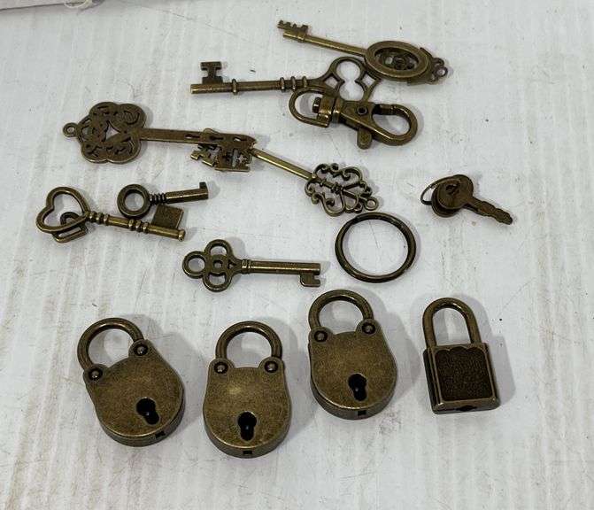 (14) Modern old style bronze skeleton lock and keys, up to 2 1/4 ...