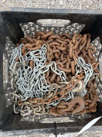 Crate of (12) chains, ranging in length from 1' to 20', used, some ...