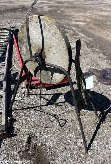 Old seated knife sharpening wheel, 21" stone, 8" x 34" x 40", wheel ...