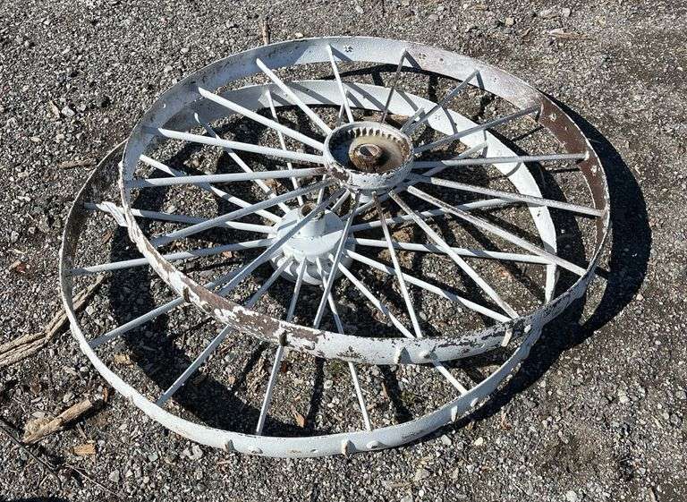 Pair of older white steel wagon wheels, approx. 45"Dia - Albrecht ...