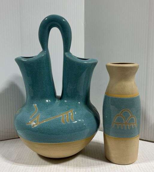 (2) American Indian Pottery pieces: Wedding Vase, turquoise; Vase, both ...