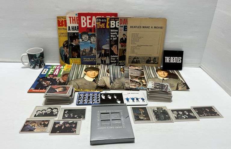 Beatles collection items, includes: Collectors cards in cases, coasters ...