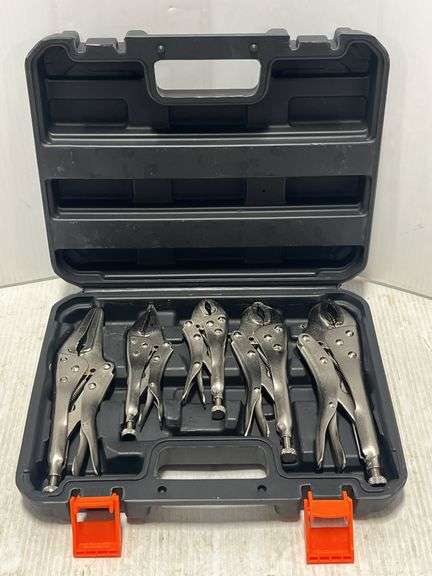 Set of (5) locking pliers, includes: 5", 7", and 10" curved jaw locking ...