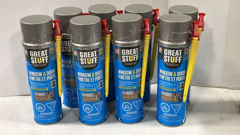 (8) 16 oz. cans of expanding foam insulation; Bottle of Sta-Bil; Open ...