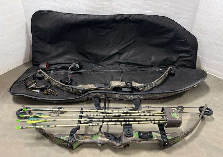 (2) Compound bows, heat super slam, PSE Fitzgerald, 36", case- 50"L, used assorted parts ...