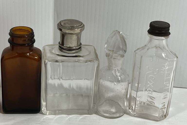 (4) Antique bottles, include: Perfume bottle, with silver colored metal ...