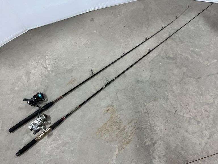 (2) Open face fishing rods: 1- Olympic Zebra 1500, 1- Ugly-Stik pole ...