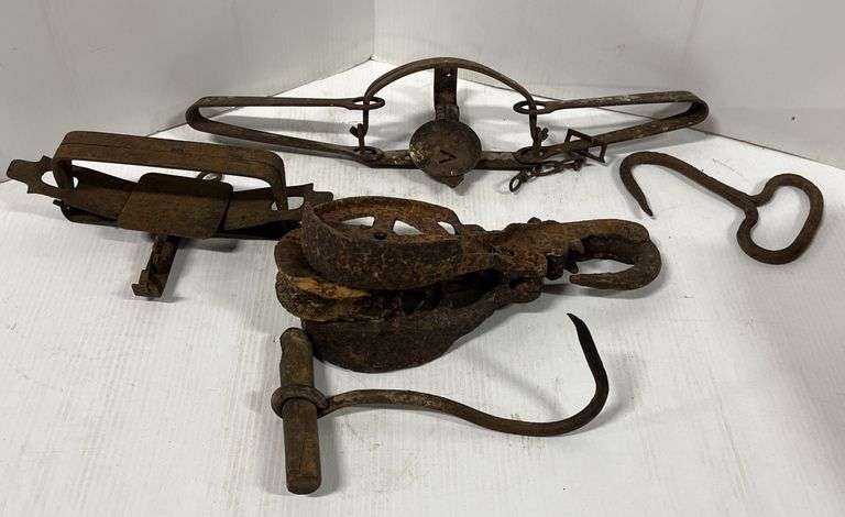 (2) Larger animal traps: 1- Victor brand; (2) Hay hooks; Old barn ...