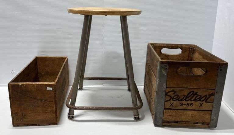 Older metal stool, and (2) Older wooden boxes, stool- 18"H - Albrecht ...