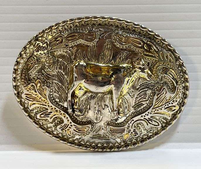 Large silver overlay with brass cow belt buckle from the 1970's, 4"W ...