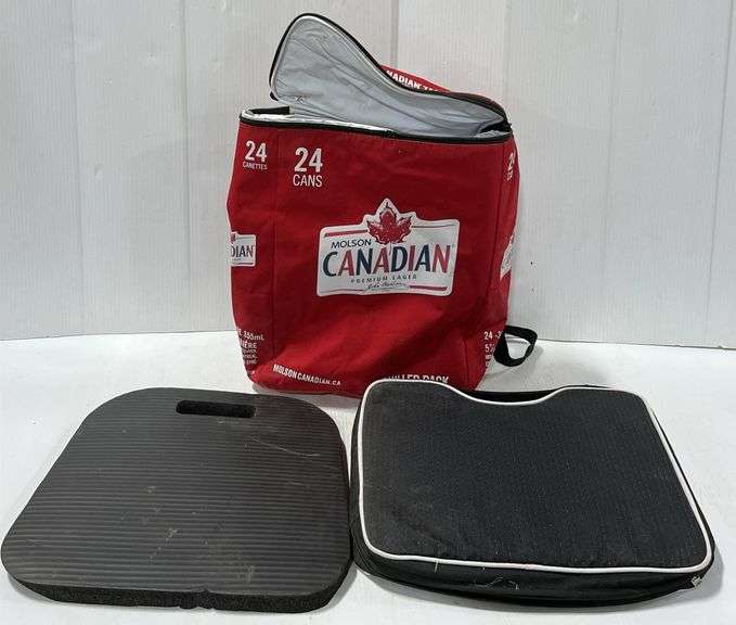(2) Stadium, carry-on seat cushions, 12" x 12", good shape; (1) Molson ...