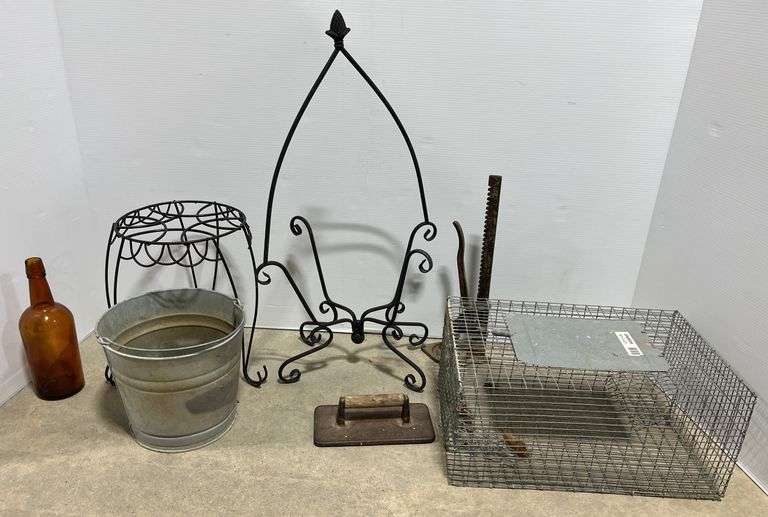 Assorted older items/antiques, include: Brown bottle, bucket, cage ...