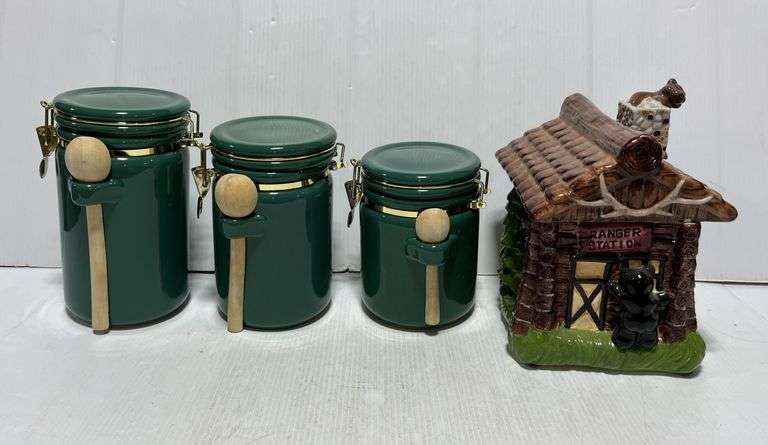 Set of (3) green ceramic canisters, and Lodge rustic cookie jar, up to ...
