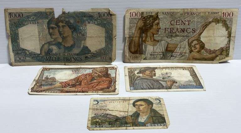 WWII French Currency, 5, 10, 20, 100, and 1000 Francs Notes - Albrecht ...