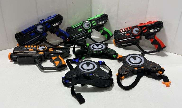 Set of (3) laser tag guns and targets, one extra gun, 10"L, all have ...
