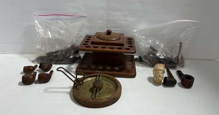 Pipe collection with stand, includes: (11) Vintage pipes, carved ...