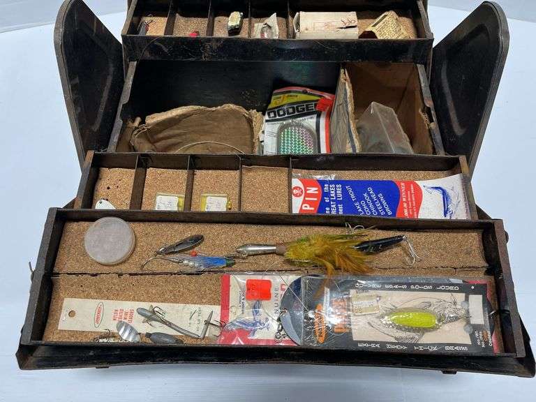 Old pressed steel tackle box with some old tackle, 18"L x 10"D x 13"H ...
