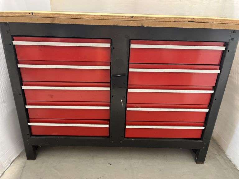 Tool chest workbench, 10 metal drawers, wood top, metal frame, drawers ...