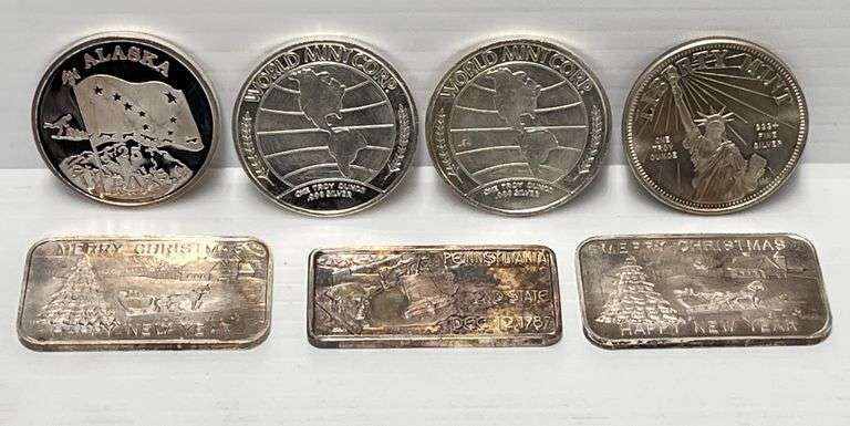 (7) 1 Troy oz. of .999 Fine silver, includes: 4- Silver rounds, and 3 ...