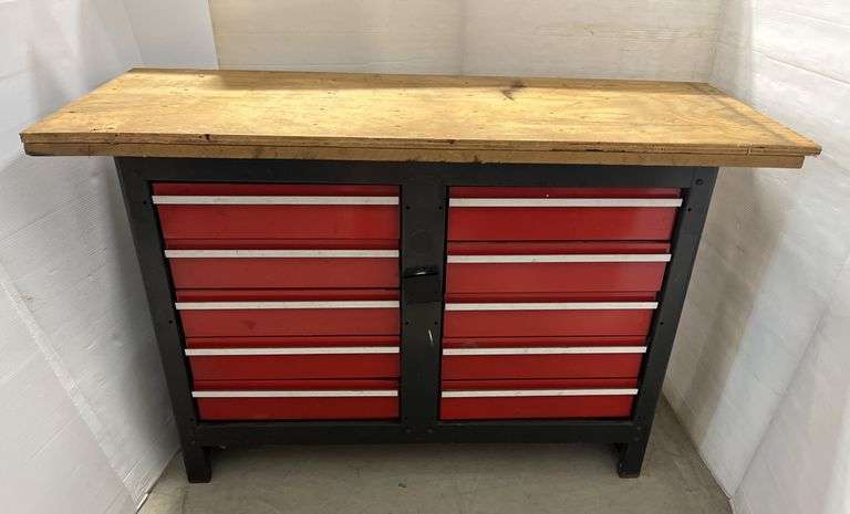 Tool chest workbench, 10 metal drawers, wood top, metal frame, drawers ...