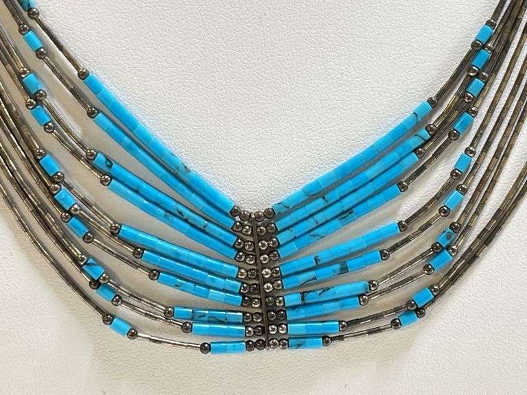Southwest multi-strand turquoise piping necklace and (2) bracelets with ...
