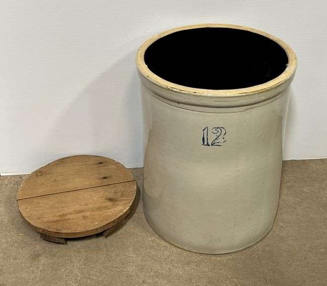 Older 12-gallon crock with wooden cabbage press, marked "12", no cracks ...