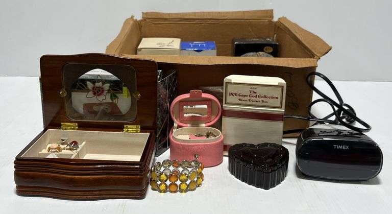 Various jewelry and jewelry boxes, atomizer, and alarm clock, some new ...