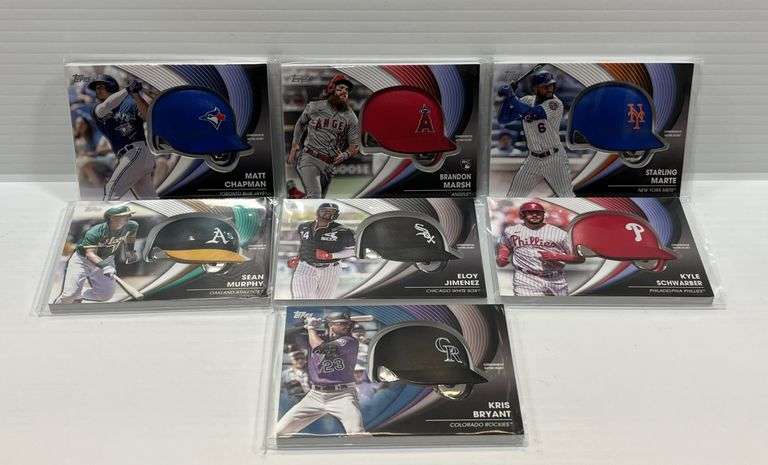 (7) Baseball team helmet cards, include: A's, Sox, Phillies, Rockies ...