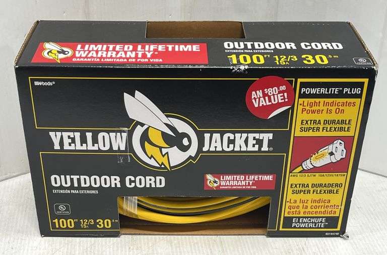 Yellow Jacket, 100' Extension cord, No. 12 wire with ground lighted end ...