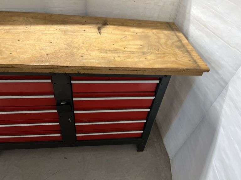 Tool chest workbench, 10 metal drawers, wood top, metal frame, drawers ...