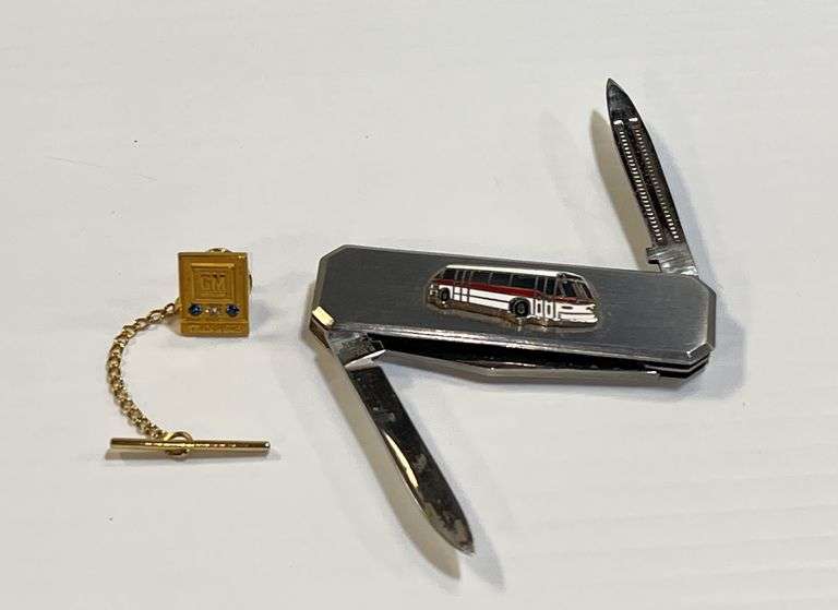 GM Truck & Bus Anniversary tie tack with diamond and two sapphires, 5/8 ...
