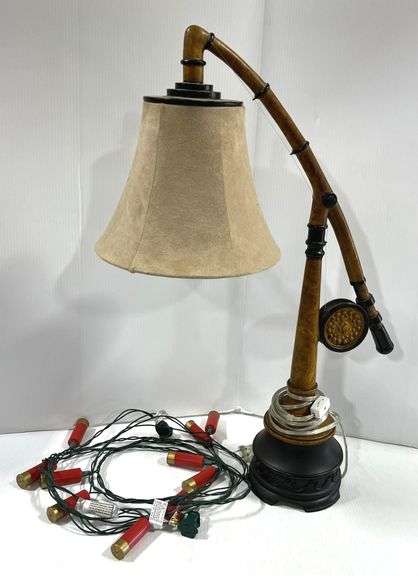 Fishing pole lamp, 28"H, like new; String of shotgun shell lights ...