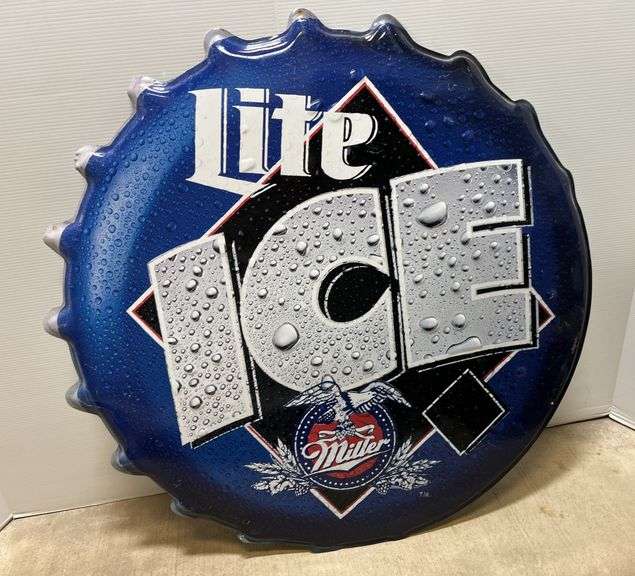 Older "Miller Lite Ice" metal beer advertising sign, 35 1/2"Dia, couple ...