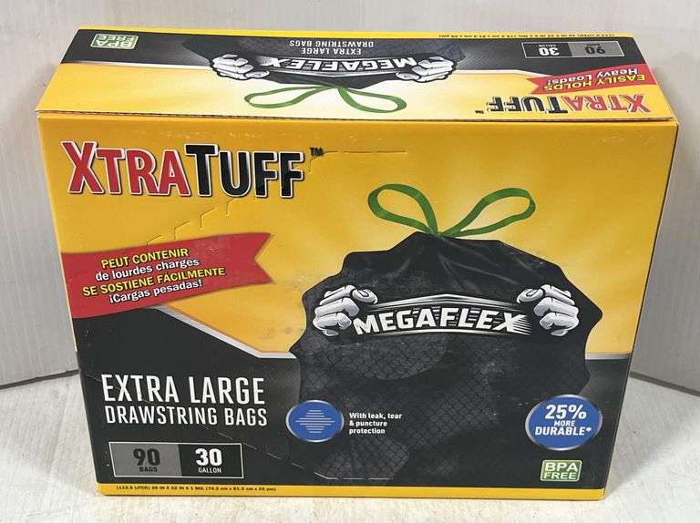 (90) Megaflex extra strong bags, leak proof 30-gallon black drawstring ...