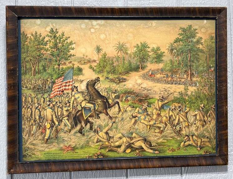 1899 Kurz and Allison chromolithograph print of the Battle of Quingua ...
