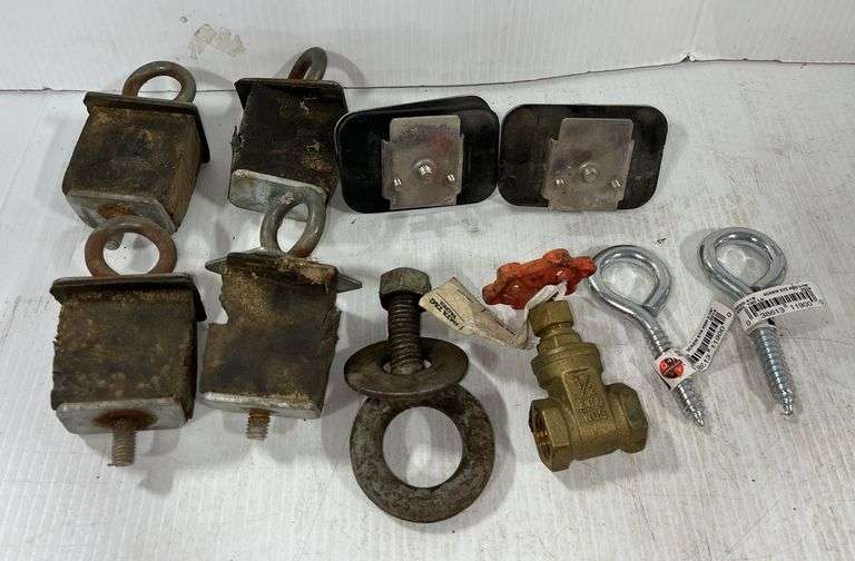 (8) Eye bolt hooks, some new; (1) 1/2" flow valve, all in good ...