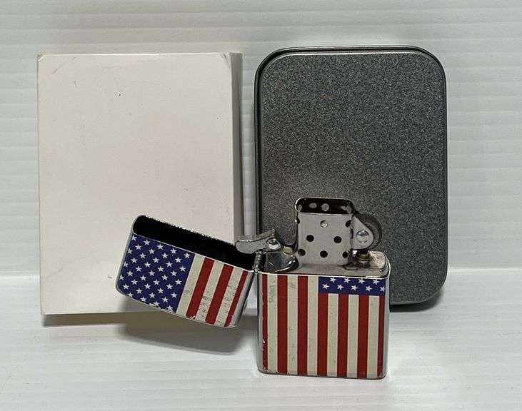 Rustic American flag lighter, windproof includes flint, tin- 3"H, new ...